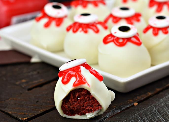 Spooky Eyeball Red Velvet Cake Balls - Shugary Sweets